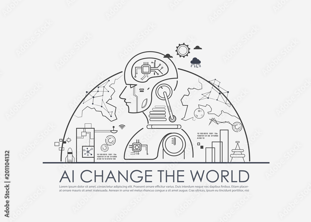 Vector de Stock Artificial intelligence (AI) change the world half global concept, machine and ...