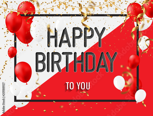 Happy Birthday Greeting Card with red white balloons and happy birthday ...