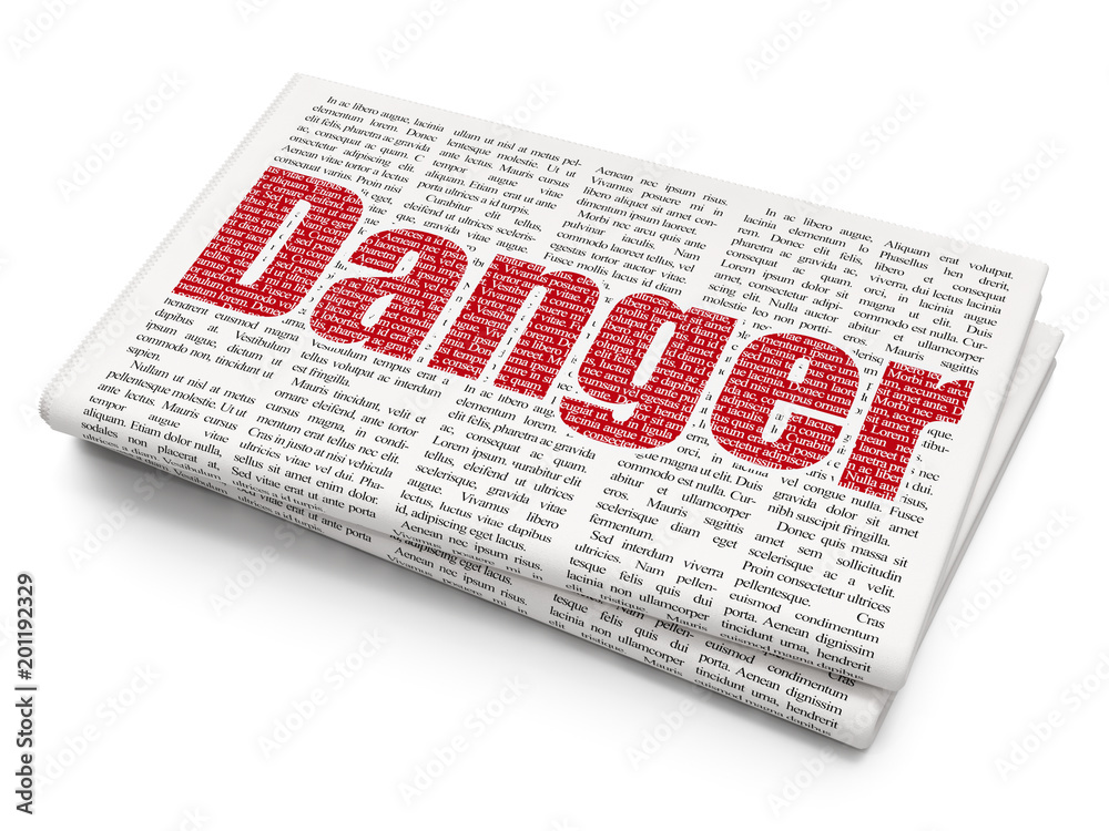 Protection concept: Pixelated red text Danger on Newspaper background ...