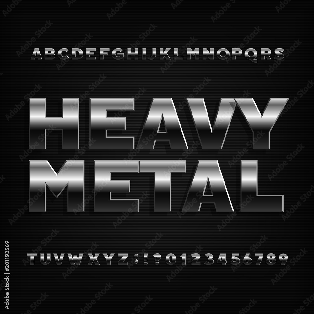 Heavy metal alphabet font. Bold chrome effect letters, numbers and ...