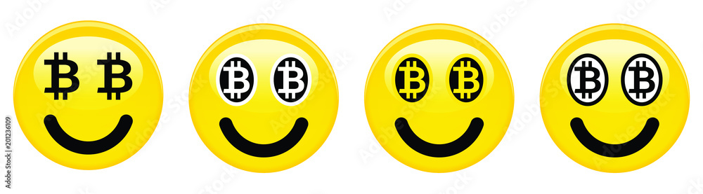 Bitcoin smiley emoticon. Yellow 3d emoji with black and white btc ...