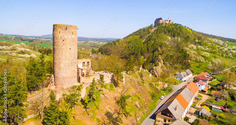 Aerial view of Zebrak Castle. A ruin of a Gothic castle originated in ...