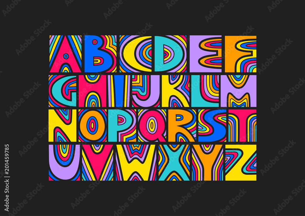 Vector handwritten uppercase artistic colorful alphabet. For design of ...