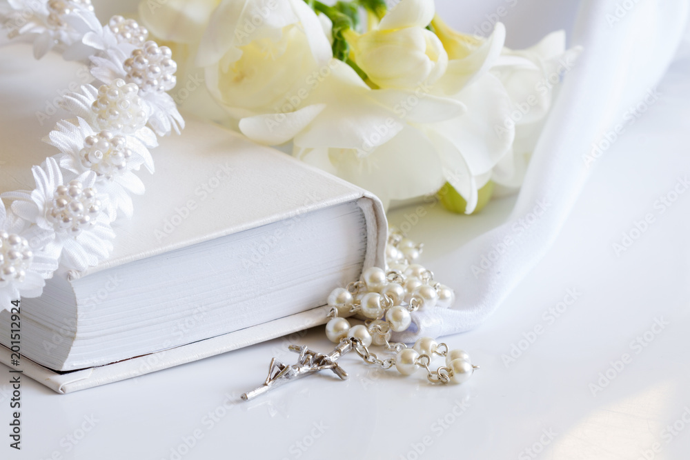 First holy communion accessories on white background Stock Photo ...