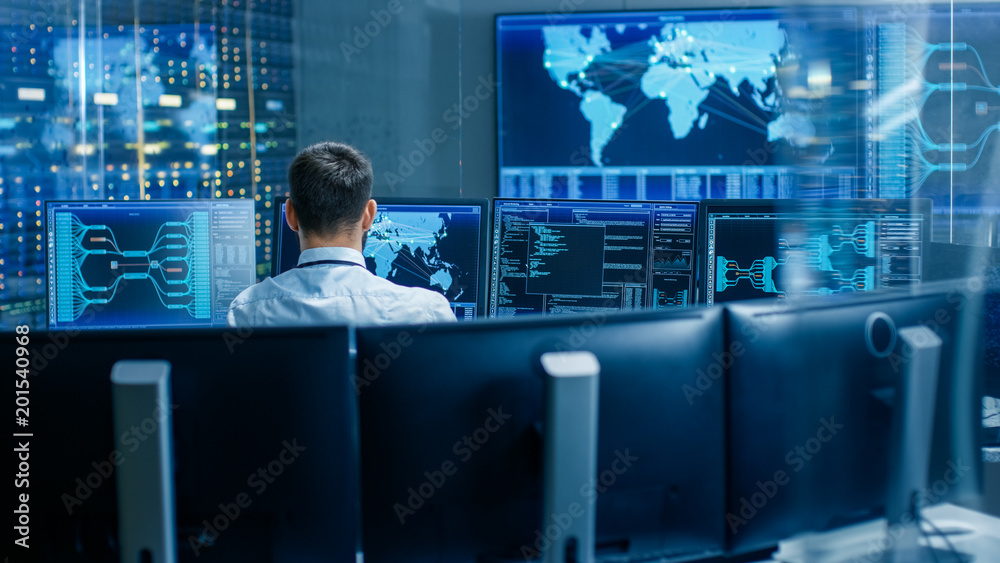 Back View in the System Control Center Operator Working. Multiple ...