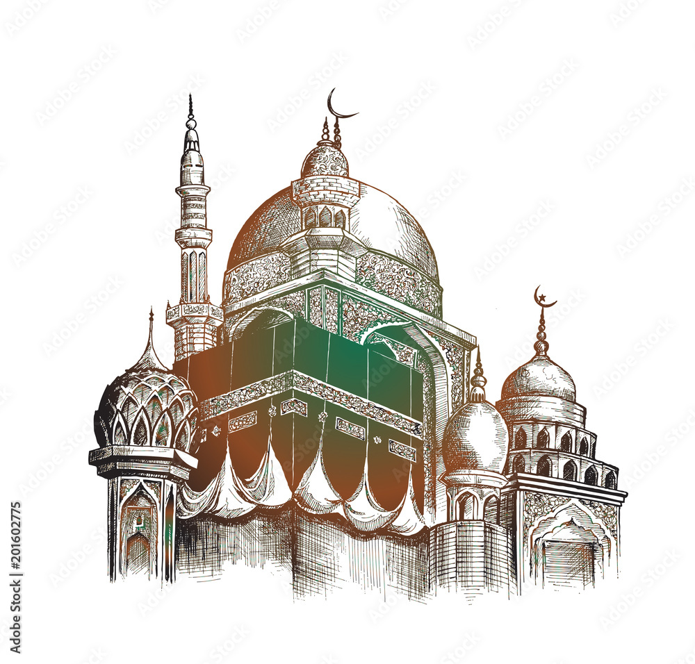 Eid Mubarak celebration- Mosque. Hand Draw Sketch Vector illustration ...
