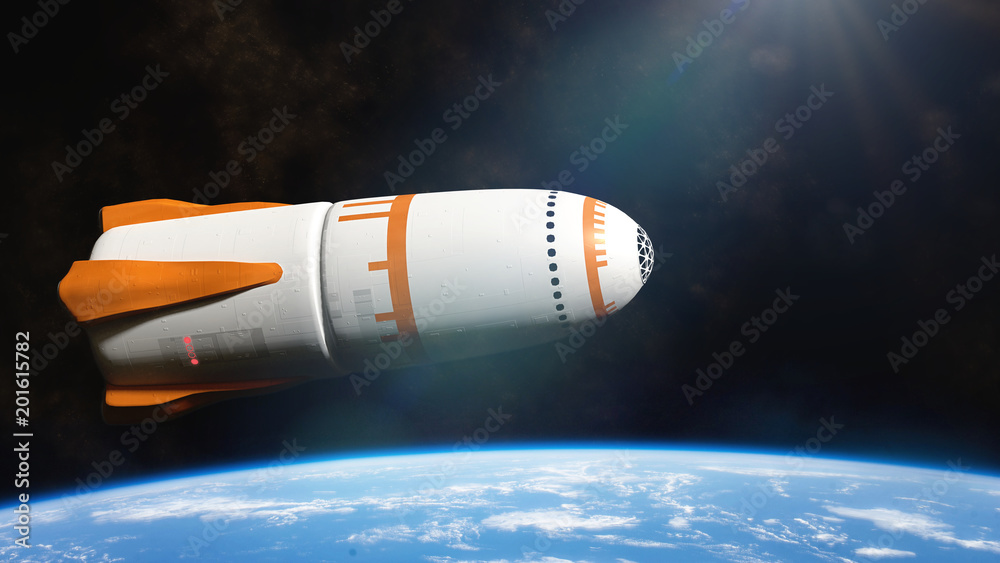 spaceship leaving planet Earth, futuristic rocket approaching orbit ...