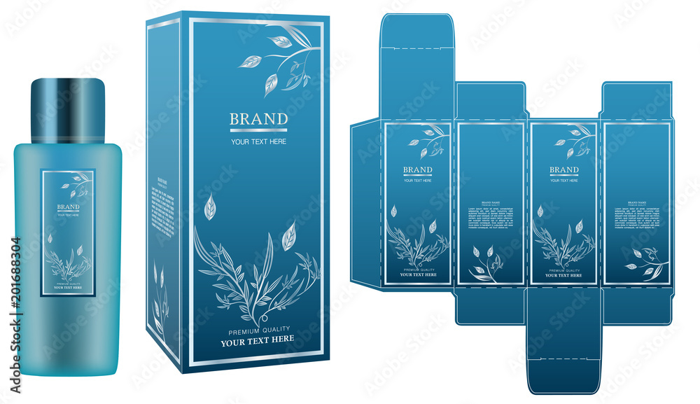 Packaging design, label on blue cosmetic container with luxury box ...