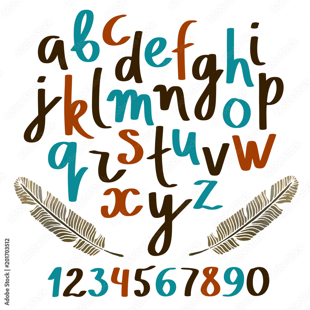 Hand drawn colorful alphabet, font, letters, numbers, feathers Stock ...