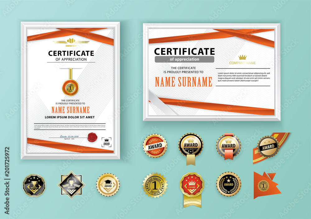 White modern certificates with red abstract ribbons, grey realistic ...