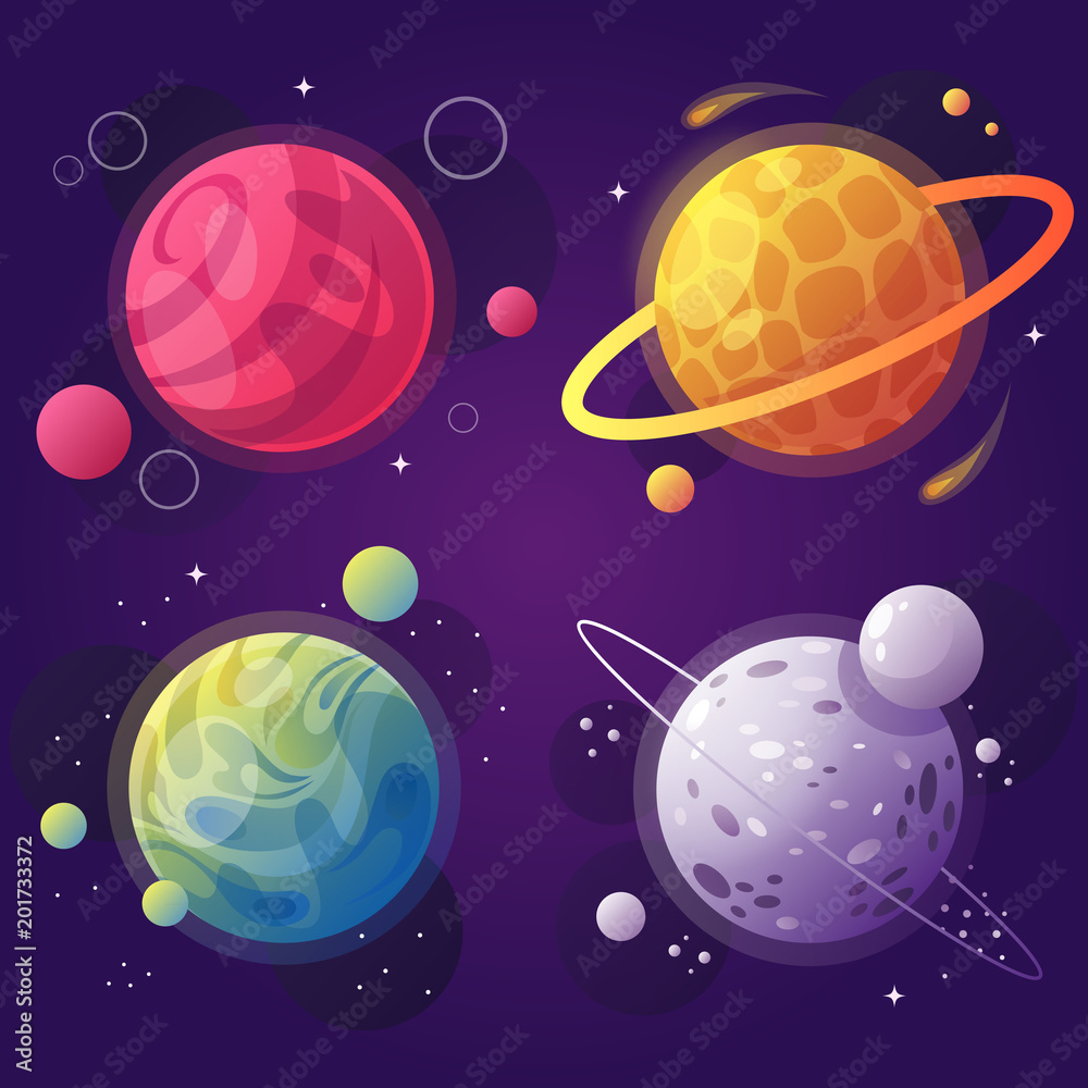 set of cartoon planets in space. vector illustration. modern design ...