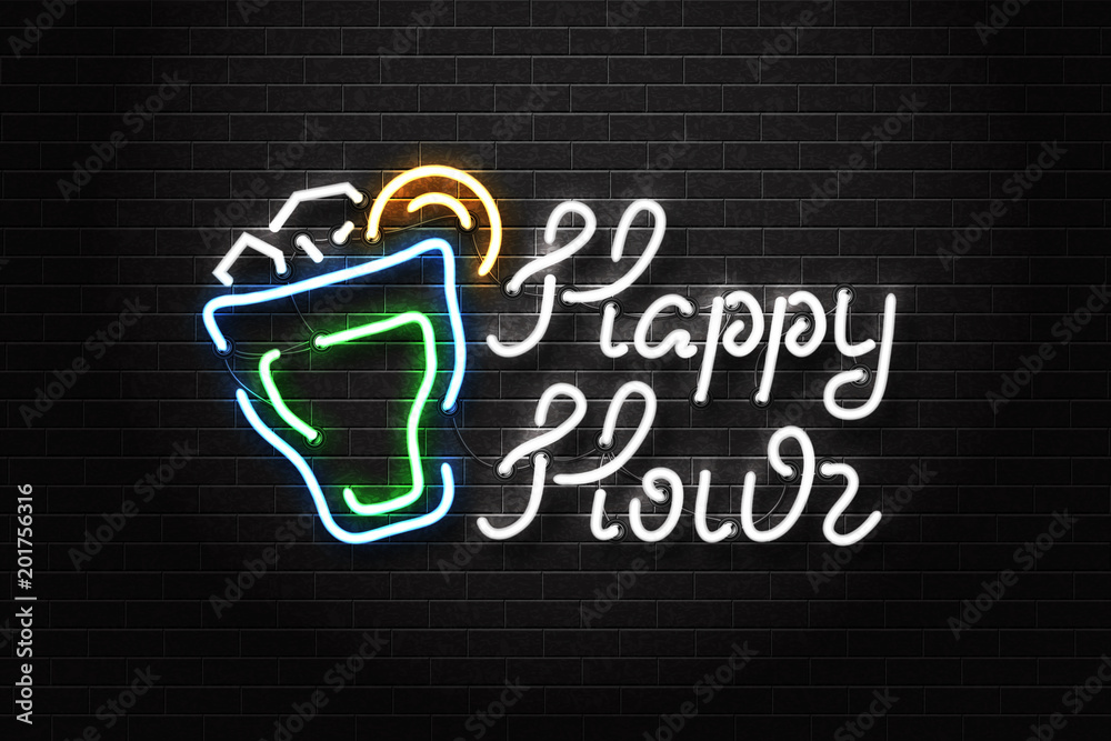 Vector realistic isolated neon sign of Happy Hour lettering logo with ...