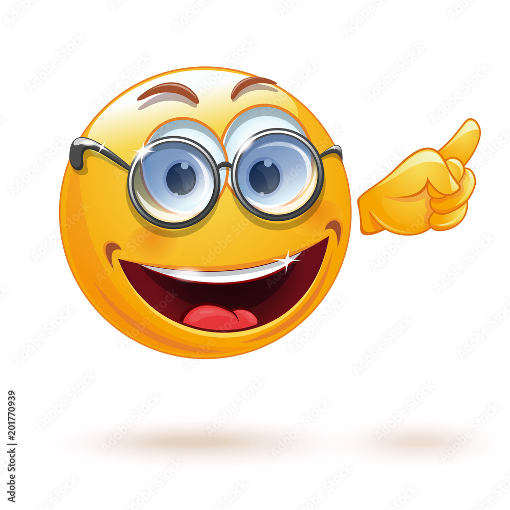 Smart smiley with glasses. Emoticon face points with his finger. Emoji ...