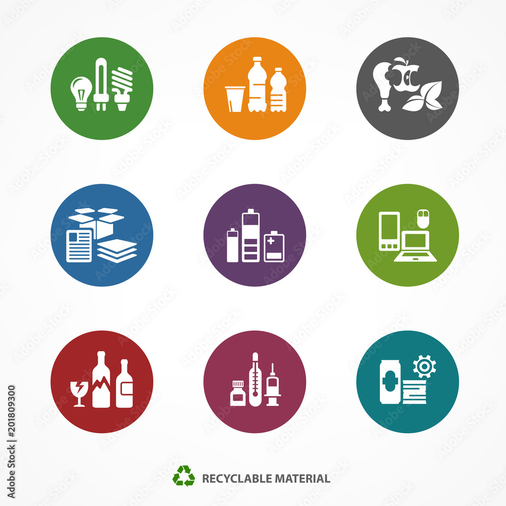 Garbage waste recycling icons, line round symbols of different Stock ...