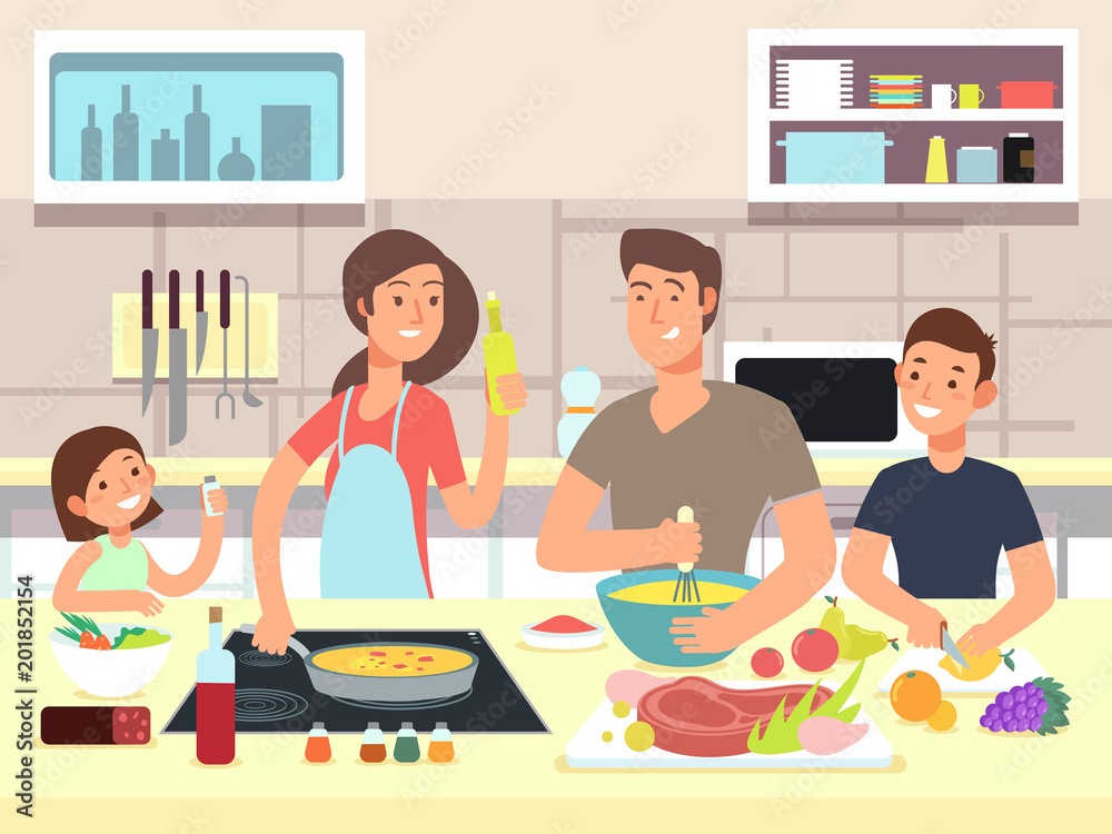 Happy family cooking. Mother and father with kids cook dishes in ...