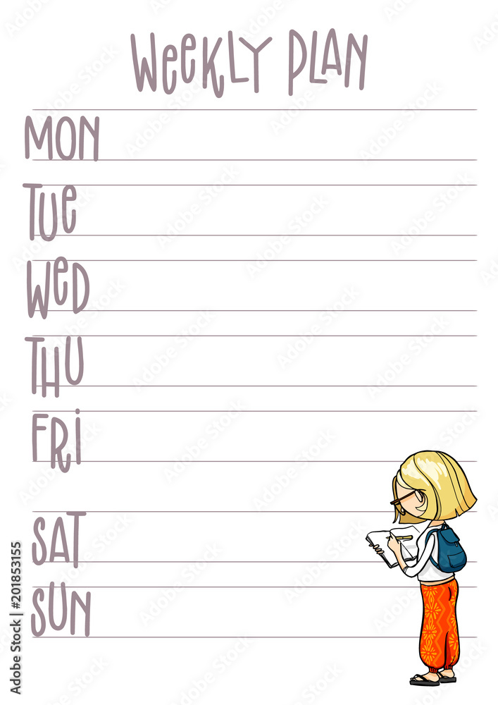 Weekly plan. Planner with cute cartoon character. Vector printable week ...