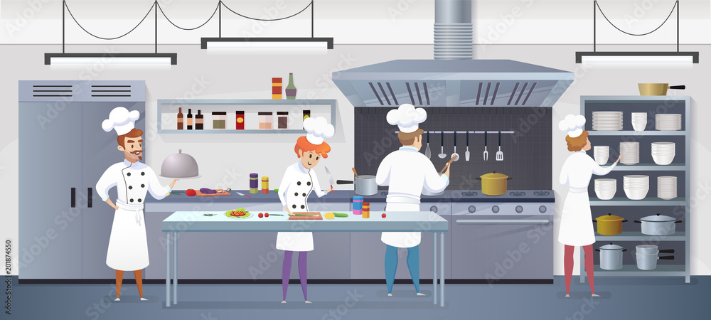 Commercial Kitchen with Cartoon Characters Chef Stock Vector | Adobe Stock