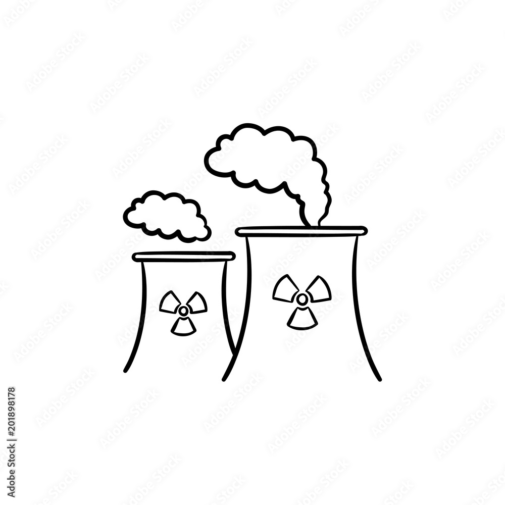 Nuclear power plant with smoke hand drawn doodle icon. Pollution of ...