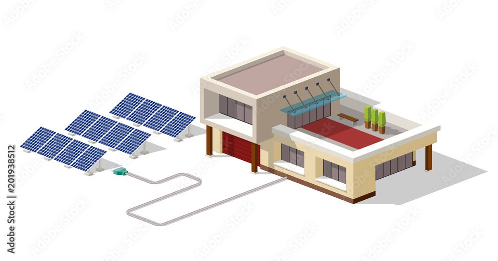 Eco house connected solar panels plant. House with alternative Eco ...