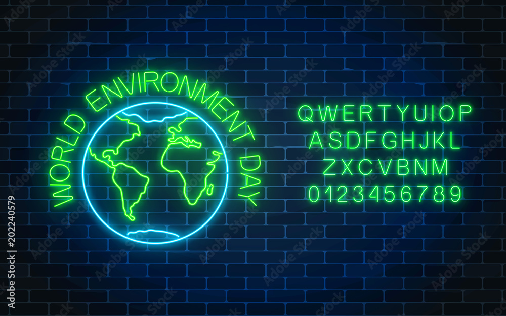 Glowing neon sign of world environment day with globe symbol and ...