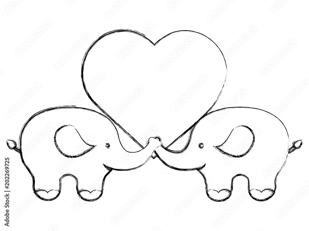 pair of elephants with love heart vector illustration sketch Stock ...