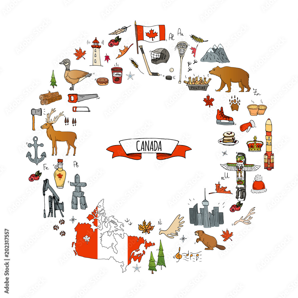 Hand drawn doodle Canada icons set Vector illustration isolated symbols collection of canadian ...