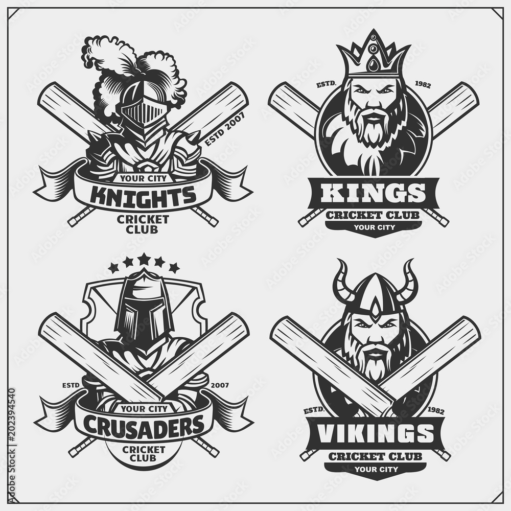 Set of cricket club labels, badges and design elements. Emblems with ...