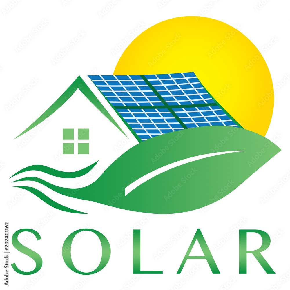 Solar energy powered house logo icon showing home with solar panel roof ...