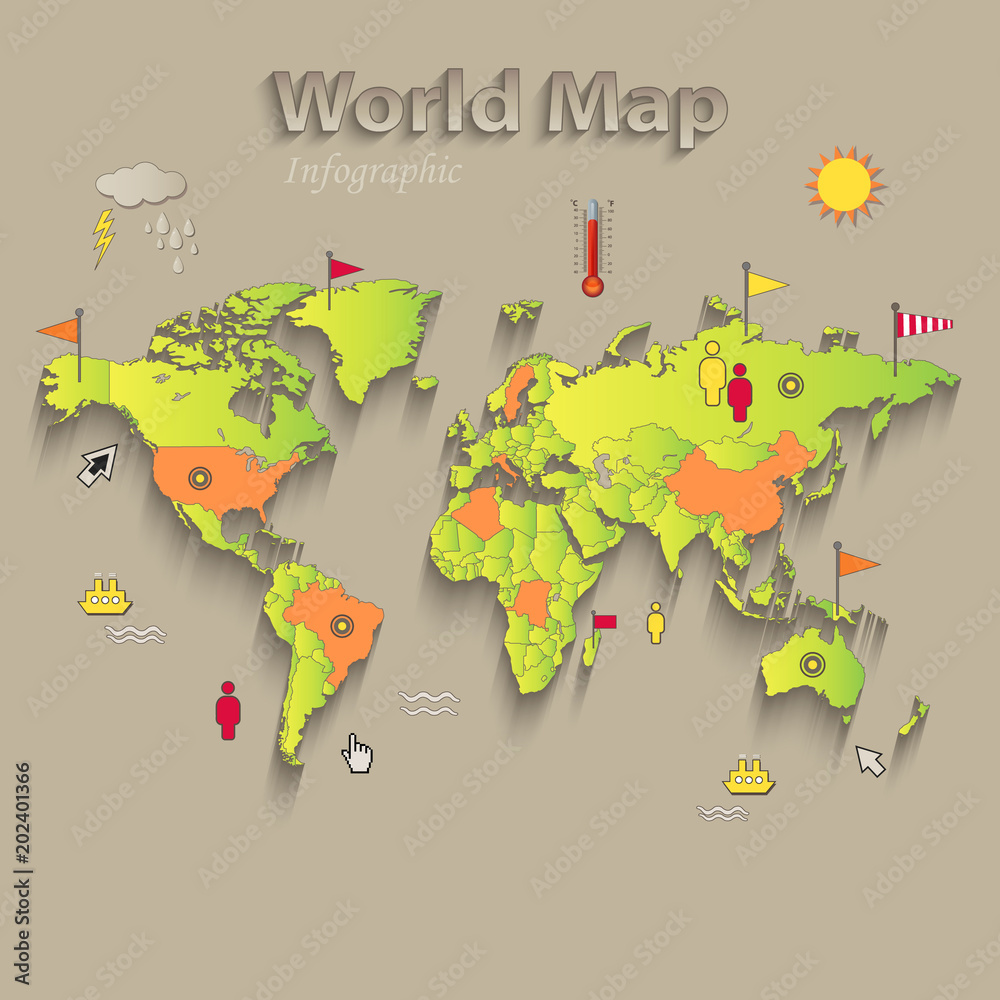 World map, separate states, infographics, political map, individual ...