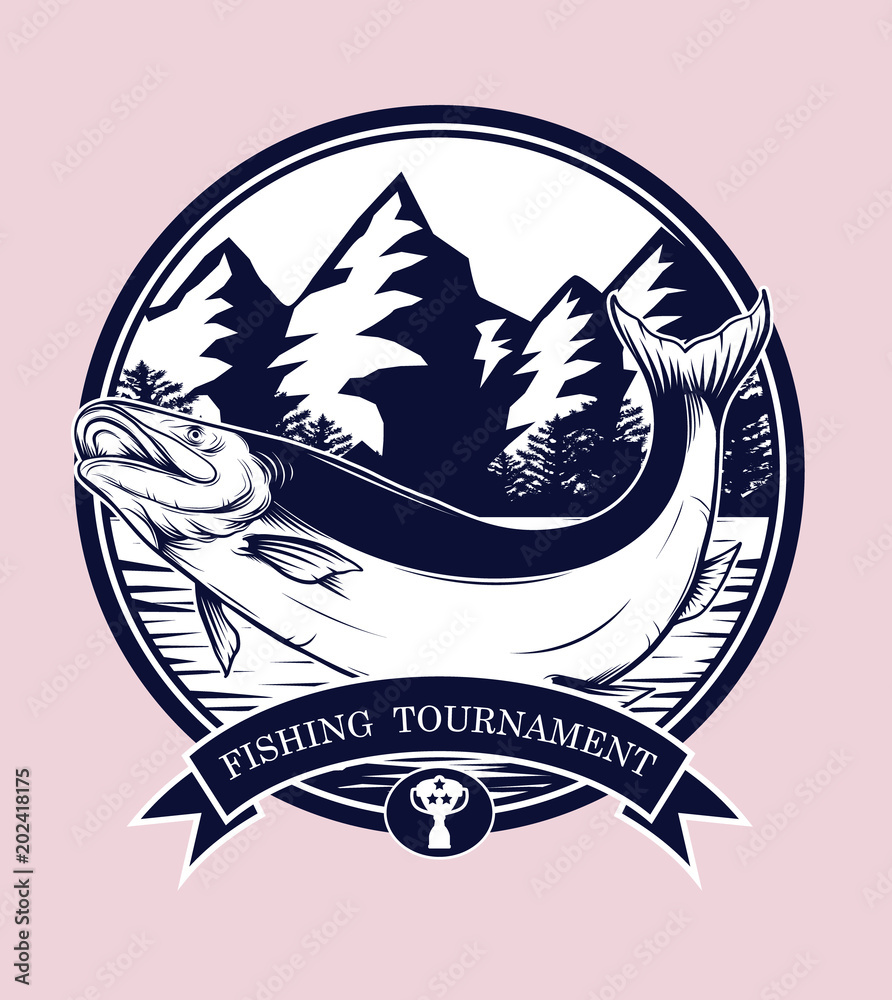 Fishing logos vector by hand drawing.Salmon art highly detailed in line ...