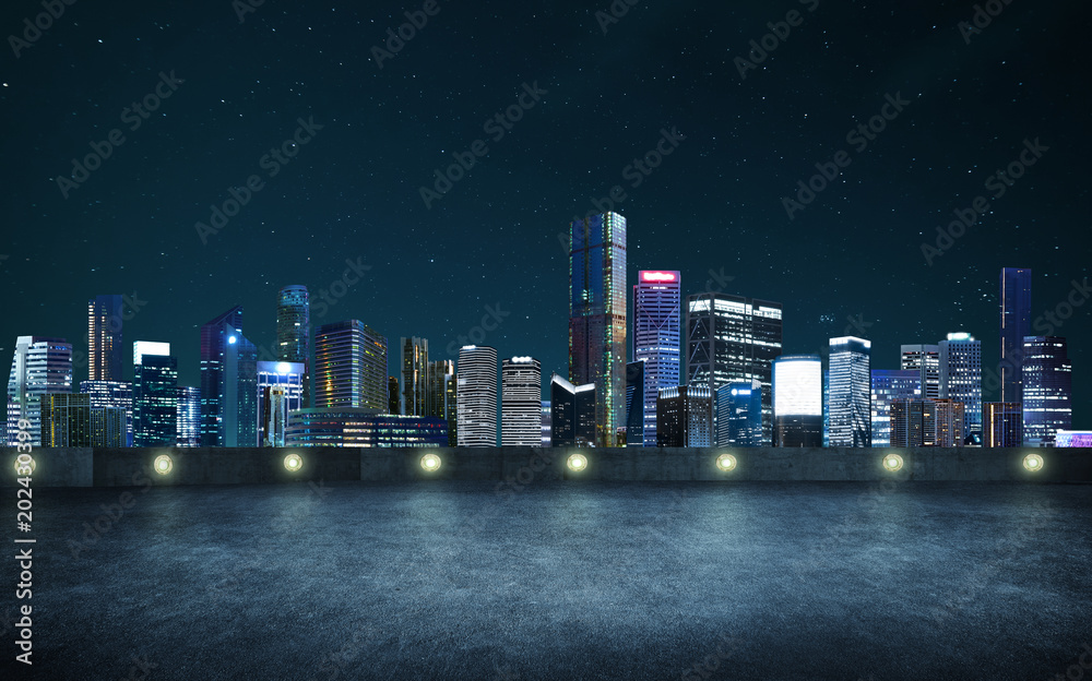 Empty asphalt roof top with modern city skyline , night scene Stock ...