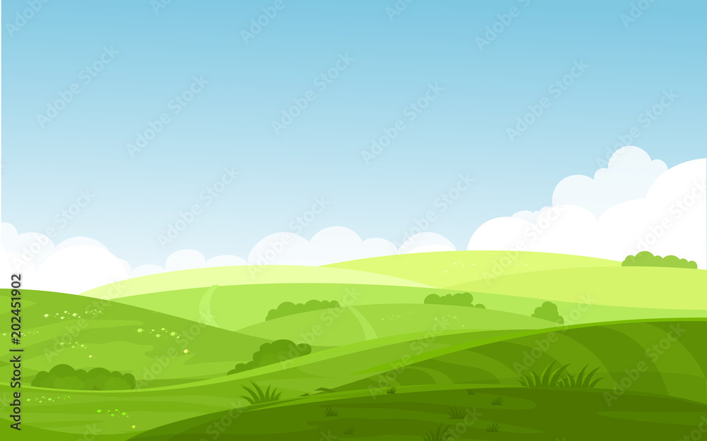 Vector illustration of beautiful fields landscape with a dawn, green ...
