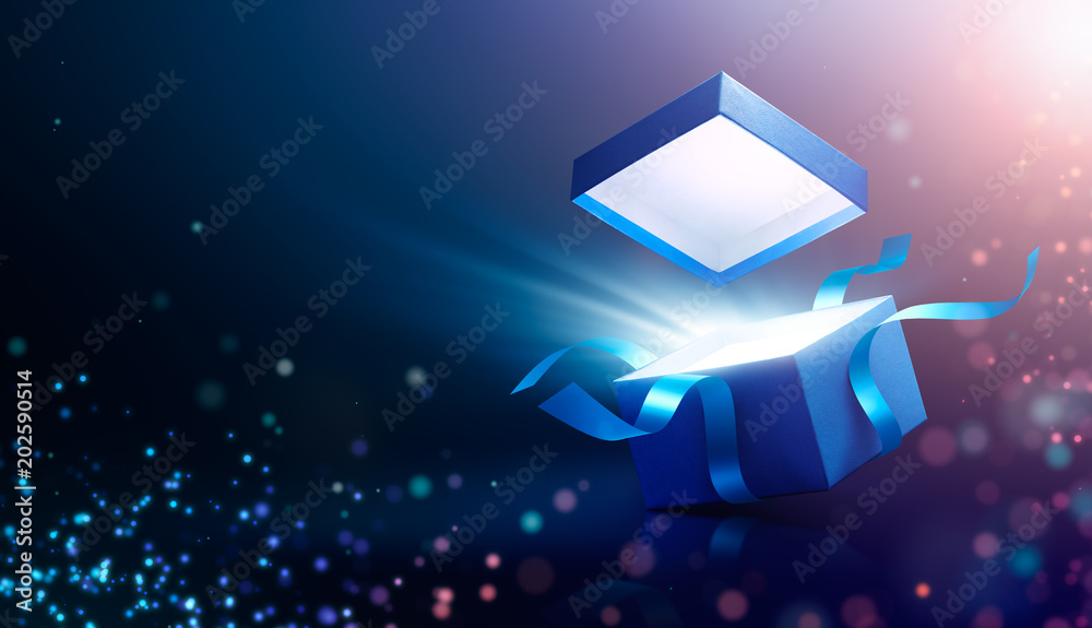 Blue open gift box with magical light Stock Photo | Adobe Stock