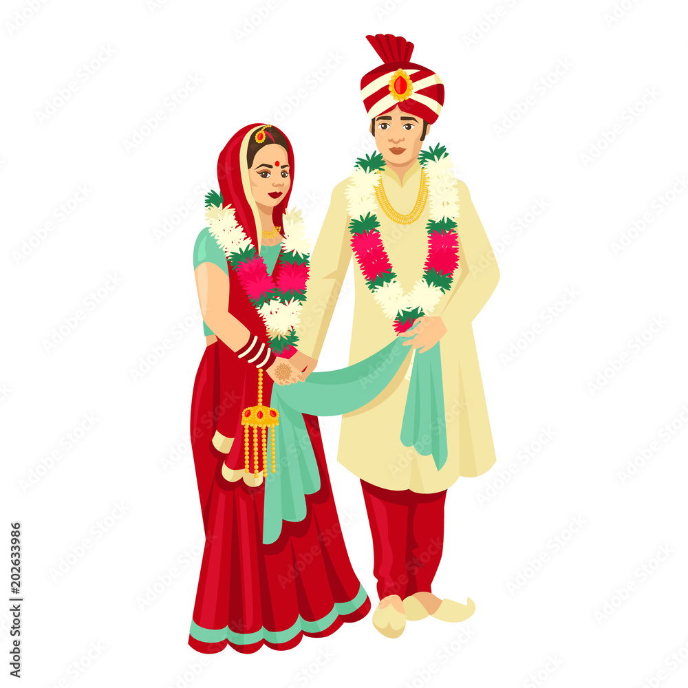Indian wedding couple in traditional dresses. Vector design for wedding ...