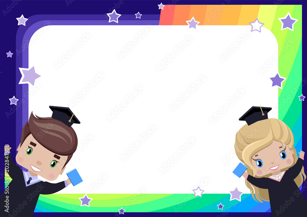 frame with a girl and a boy graduates in graduation gowns and hats ...