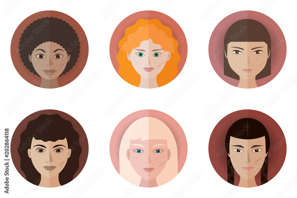 Set of six avatars of teenage girls of different races and ...