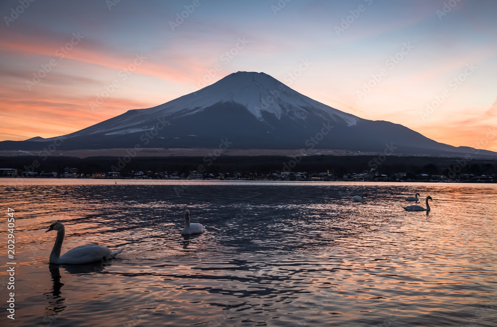 View Of Mount Fuji And Lake Yamanakako In Winter Evening Lake