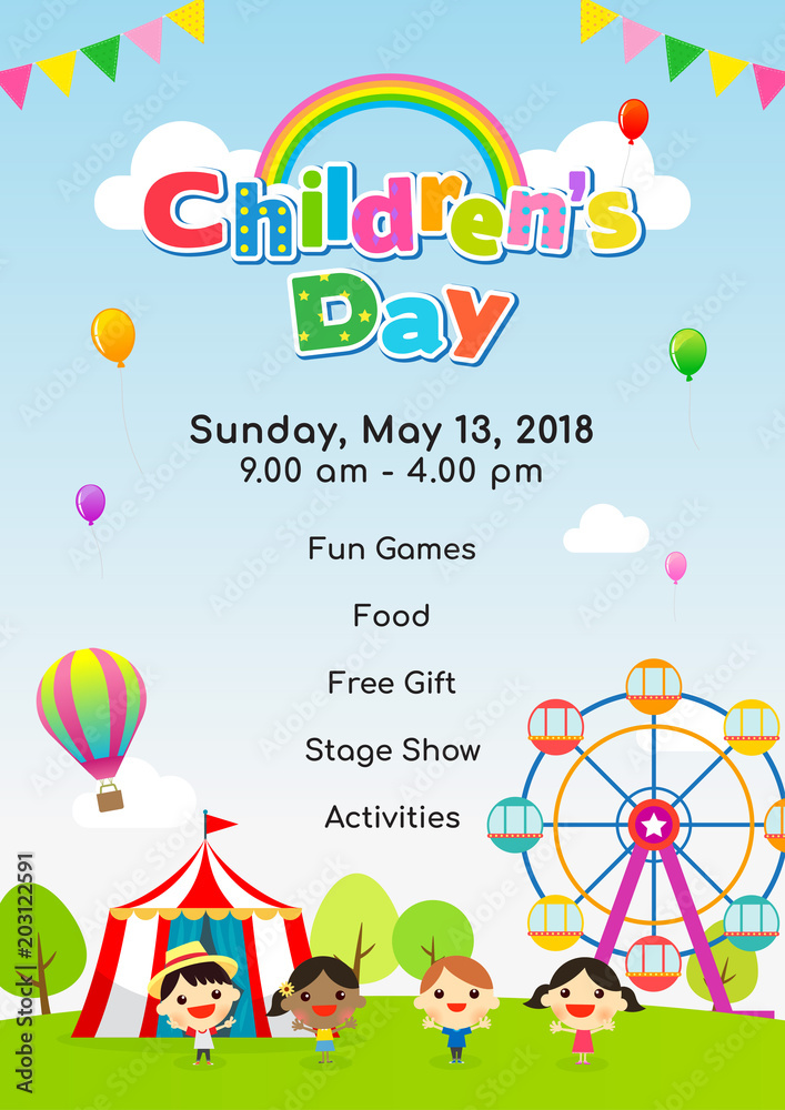 Children's day Poster invitation vector illustration. Kids playing at ...