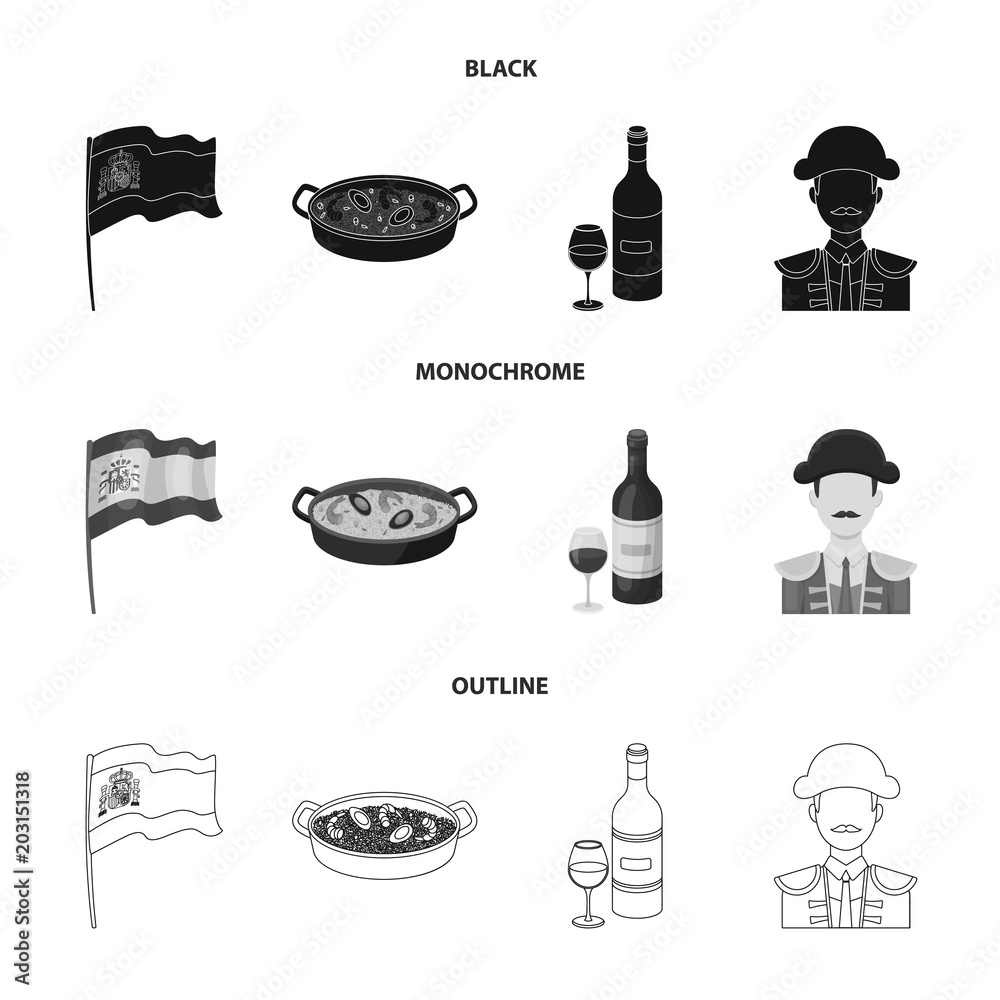 Flag with the coat of arms of Spain, a national dish with rice and ...