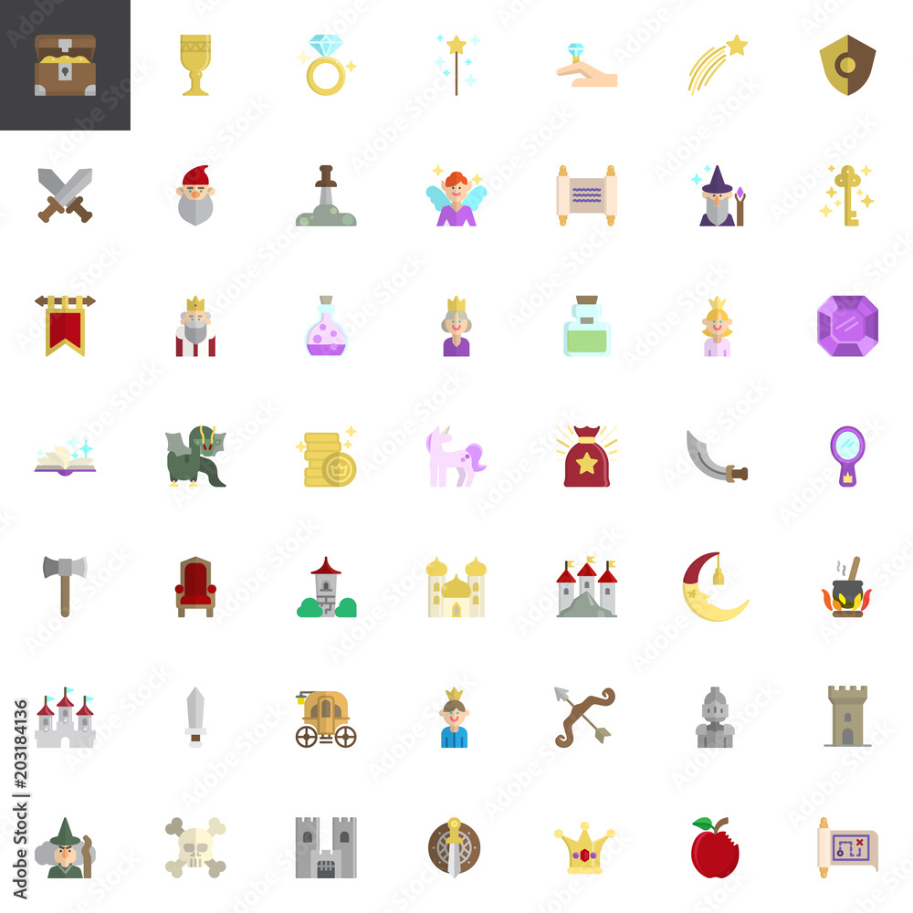 Fairytale elements collection, flat icons set, Colorful symbols pack ...