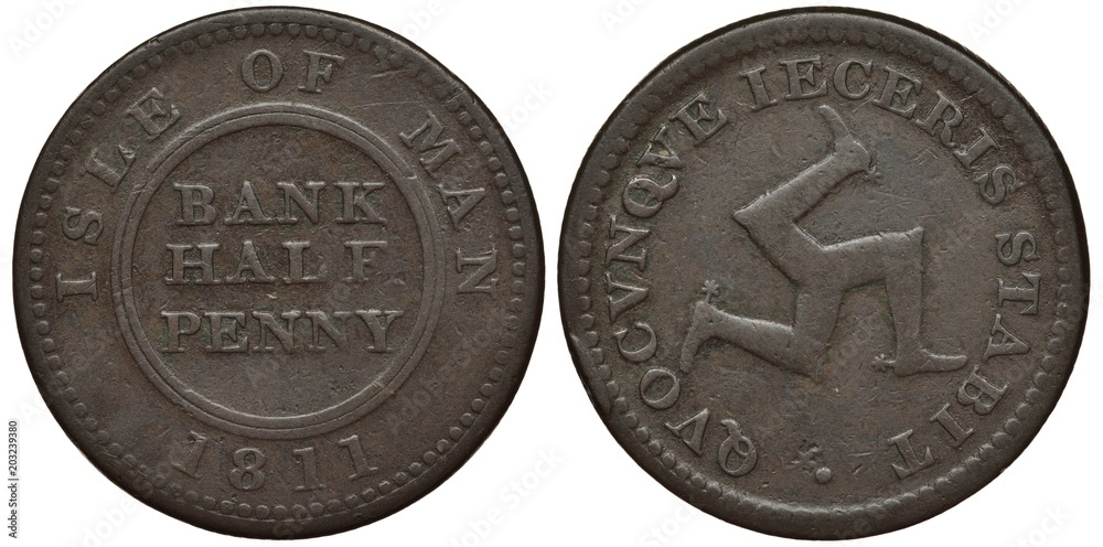 Isle of Man, Manx coin half penny 1811 denomination in circle ...