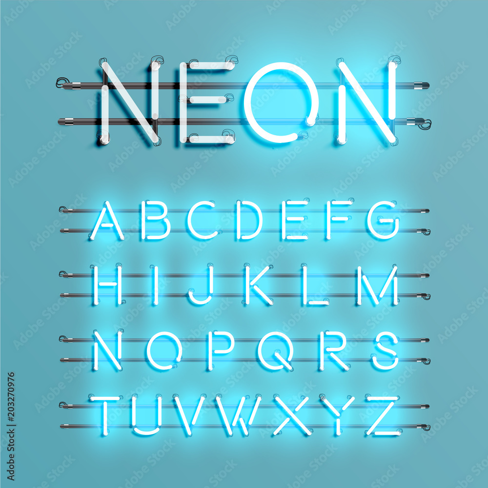Realistic neon font with wires and console, vector illustration Stock ...