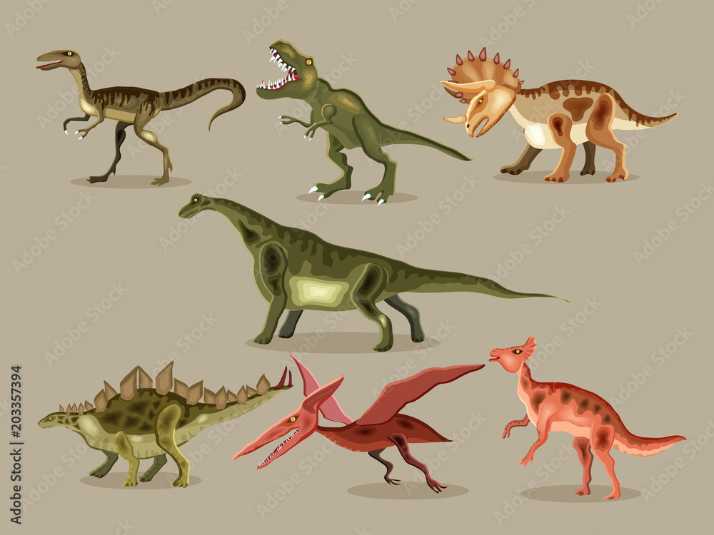 Vector cartoon set of a dinosaurs. T-REX, Tyrannosaur, Velociraptor ...