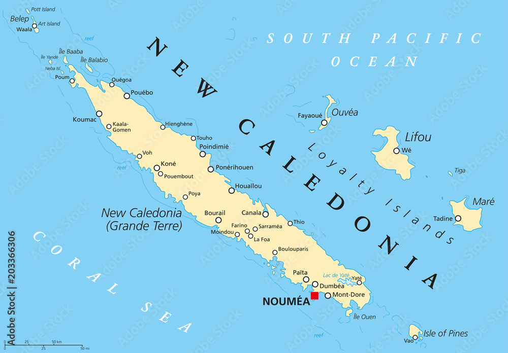 New Caledonia political map with capital Noumea. Special collectivity ...