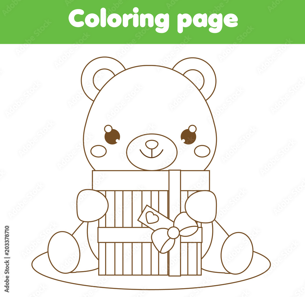 Coloring page with cute teddy bear holding gift box. Drawing kids ...