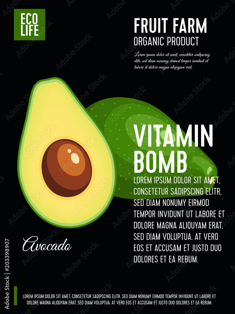 Packaging label. Concept design with inscription. Avocado, whole fruit ...