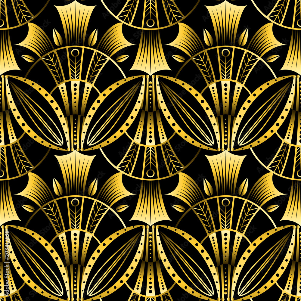 Antique vector seamless shell gold art deco pattern. Geometrical wavy ...