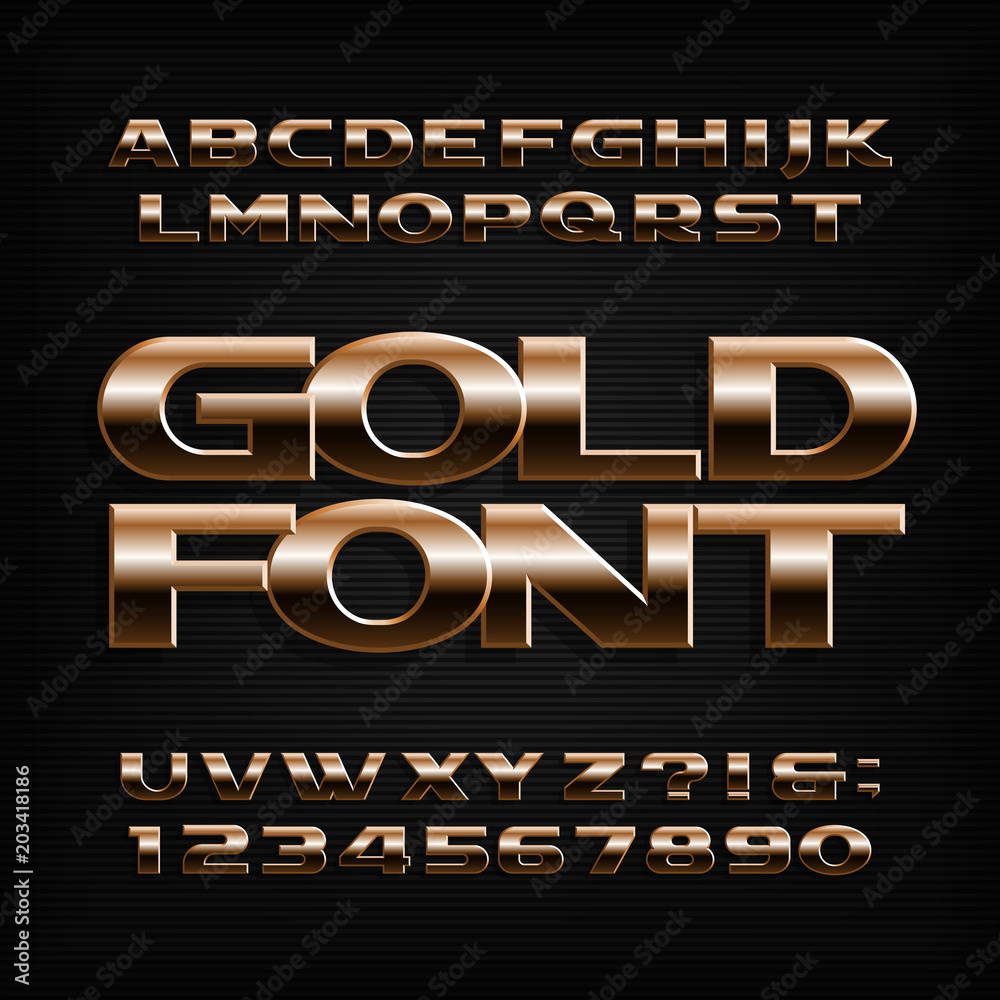 Gold alphabet font. Metallic effect letters, numbers and symbols. Stock ...