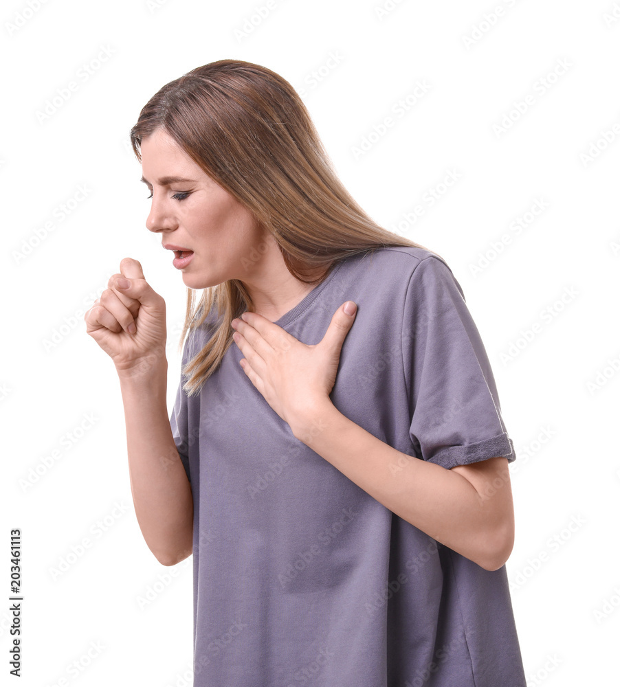 Woman coughing on white background Stock Photo | Adobe Stock