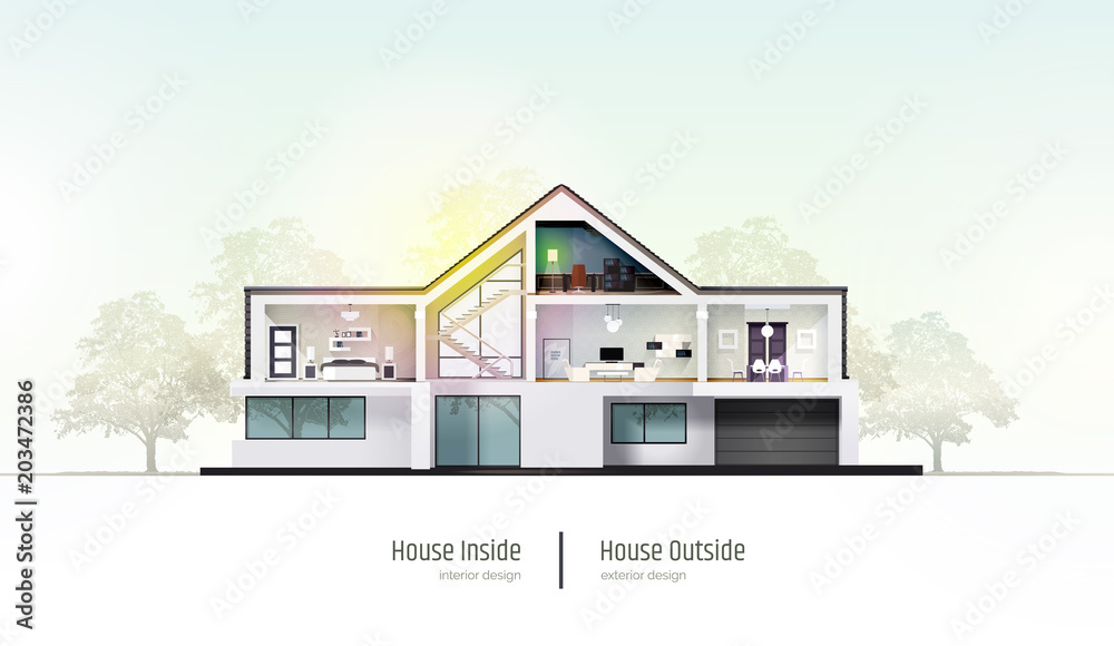 House in cross-section. Modern house, villa, cottage, townhouse with ...